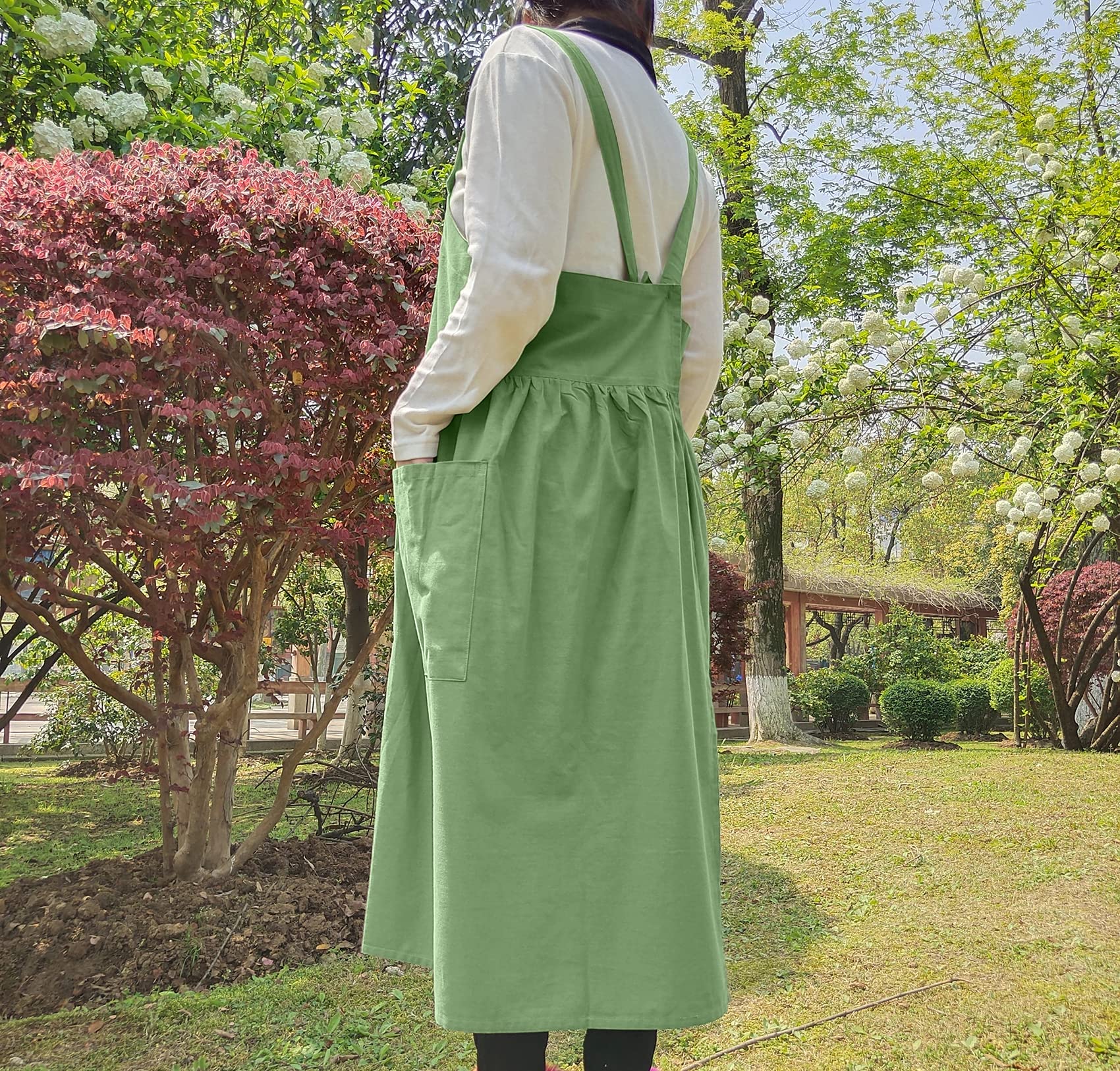 losofar Cotton Linen Square Dress Overalls Kitchen Gardening Solid Color Apron Flower Shop Smock (Green, 92cmx110cm)