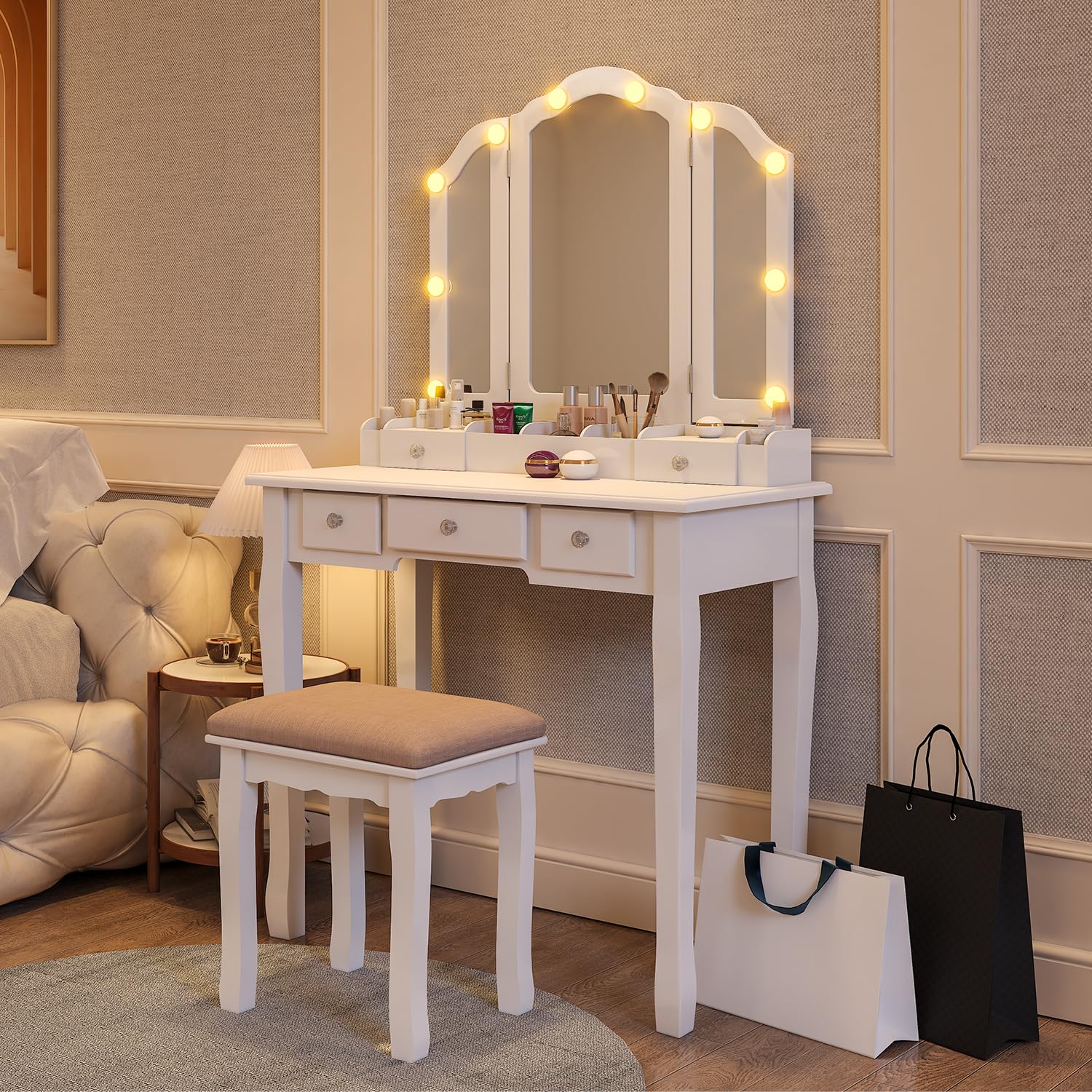 YIXHQ Makeup Vanity with Lights Vanity Desk with Mirror and Lights Makeup Vanity with Drawers Vanity Table with Lights Vanity with Lighted Mirror and Chair