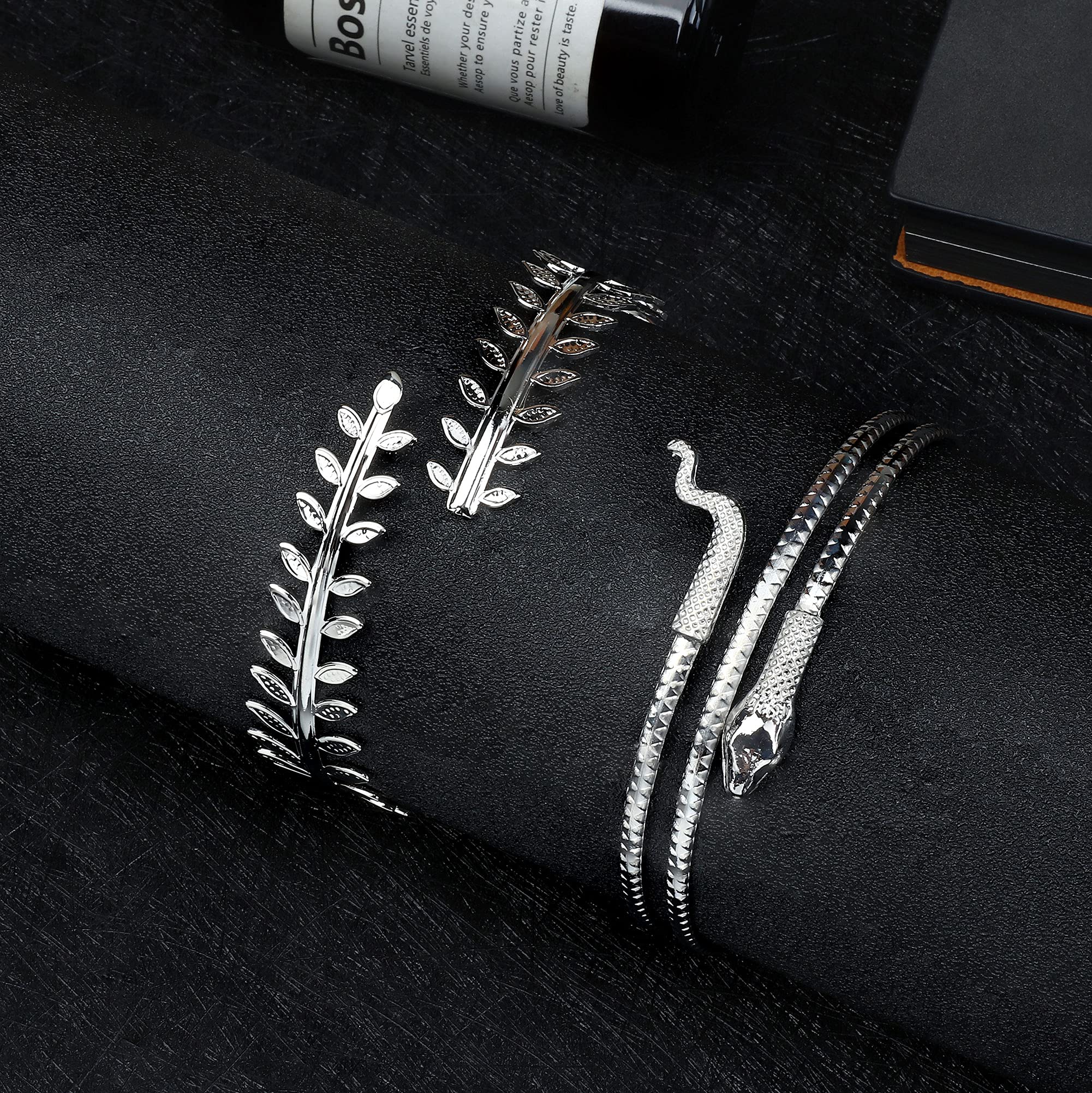 IRONBOX 6Pcs Arm Cuff Upper Arm Bracelet Gold Coil Leaf Feather Snake Arm Cuff Bracelets Silver Adjustable Bangle Armlet Arm Cuff Jewelry for Women