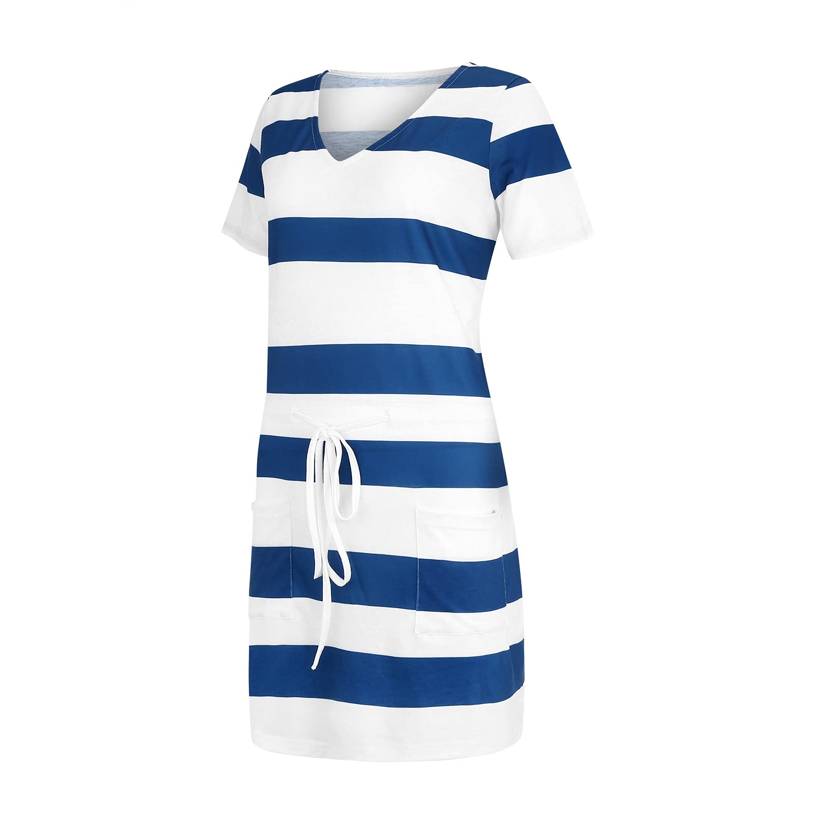 Keepfit Women V Neck Short Sleeve Mini Dress Striped Printed Pockets Drawstring Casual Loose Dress Navy