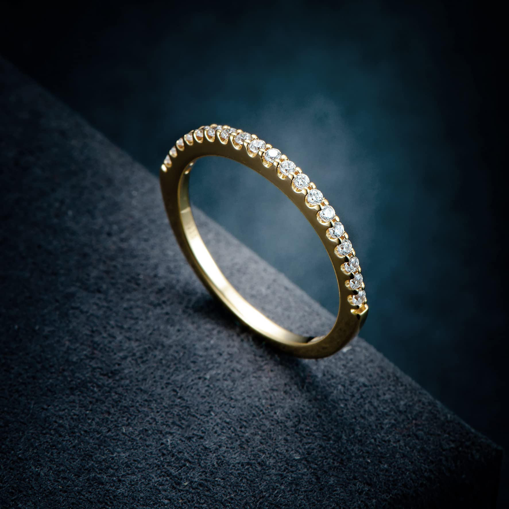 HAFEEZ CENTER 1.5mm Yellow Gold Plated Petite Half Eternity Moissanite Wedding Band Rings for Women (7.5)