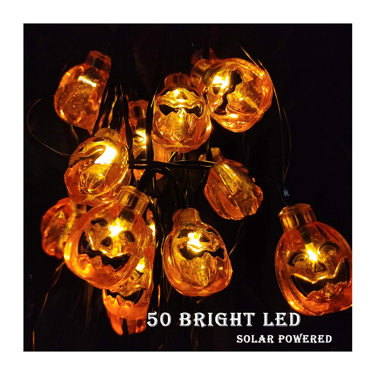 Halloween Pumpkin String Lights Eurus Home 33 ft 50 LED Halloween Lights | Solar Powered Pumpkin Lights with 8 Lighting Modes Jack-O-Lantern Decorative Lights for Indoor Outdoor Halloween Party IP65