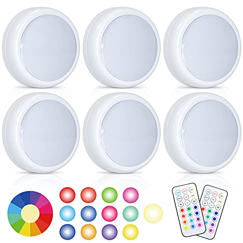 HFCDL LED Puck Lights with Remote Control, 50lm RGBW Color Changing Closet Battery Light, 13 Colors Stick-on Under Cabinet Lighting, with Dimmable Function (6-Pack)