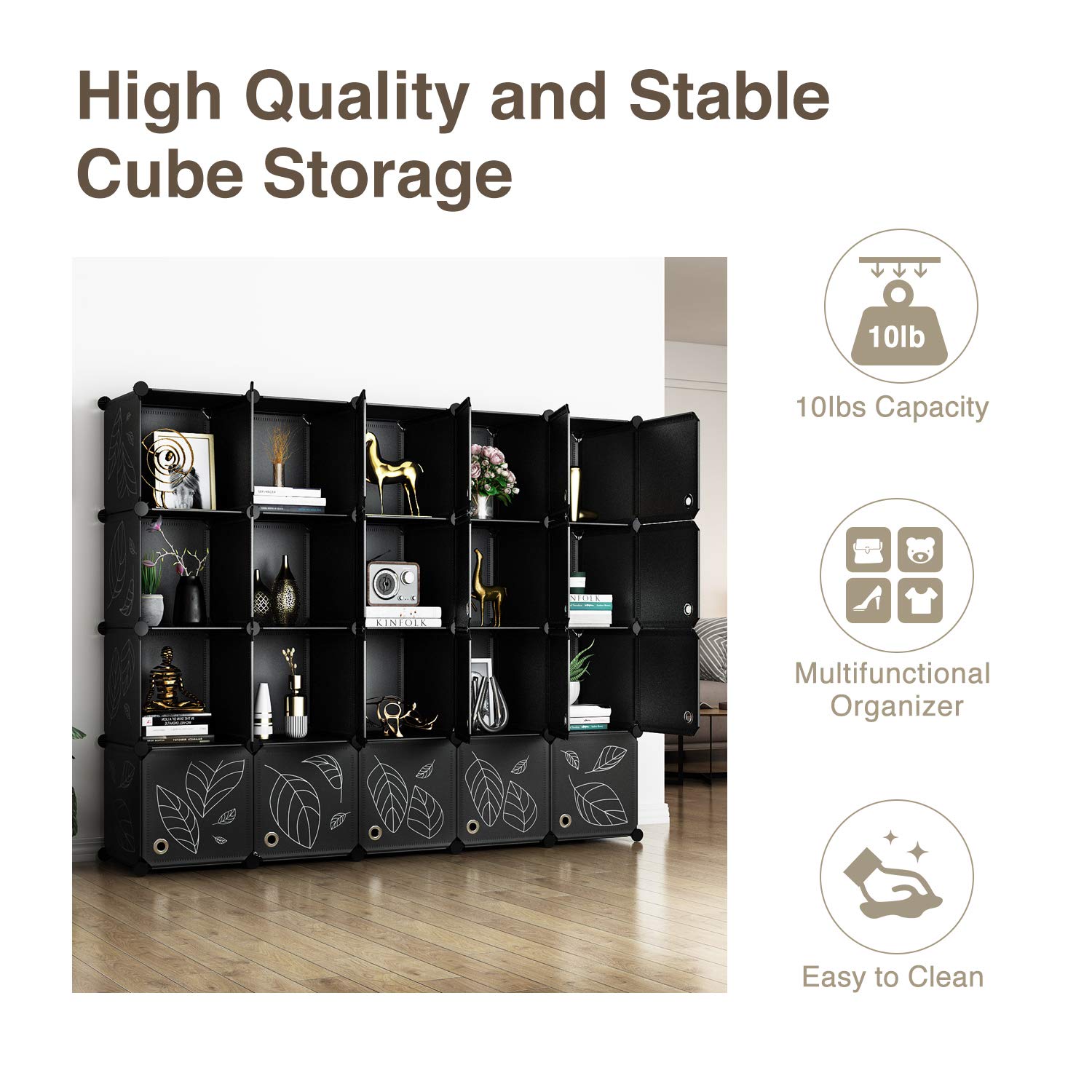 GREENSTELL Cube Storage Organizer, Plastic Closet Organizer with Doors, 16-Cube DIY Storage Cubes Organizer, Modular Storage Cabinet Book Shelf Shelving for Bedroom, Living Room, Office Black