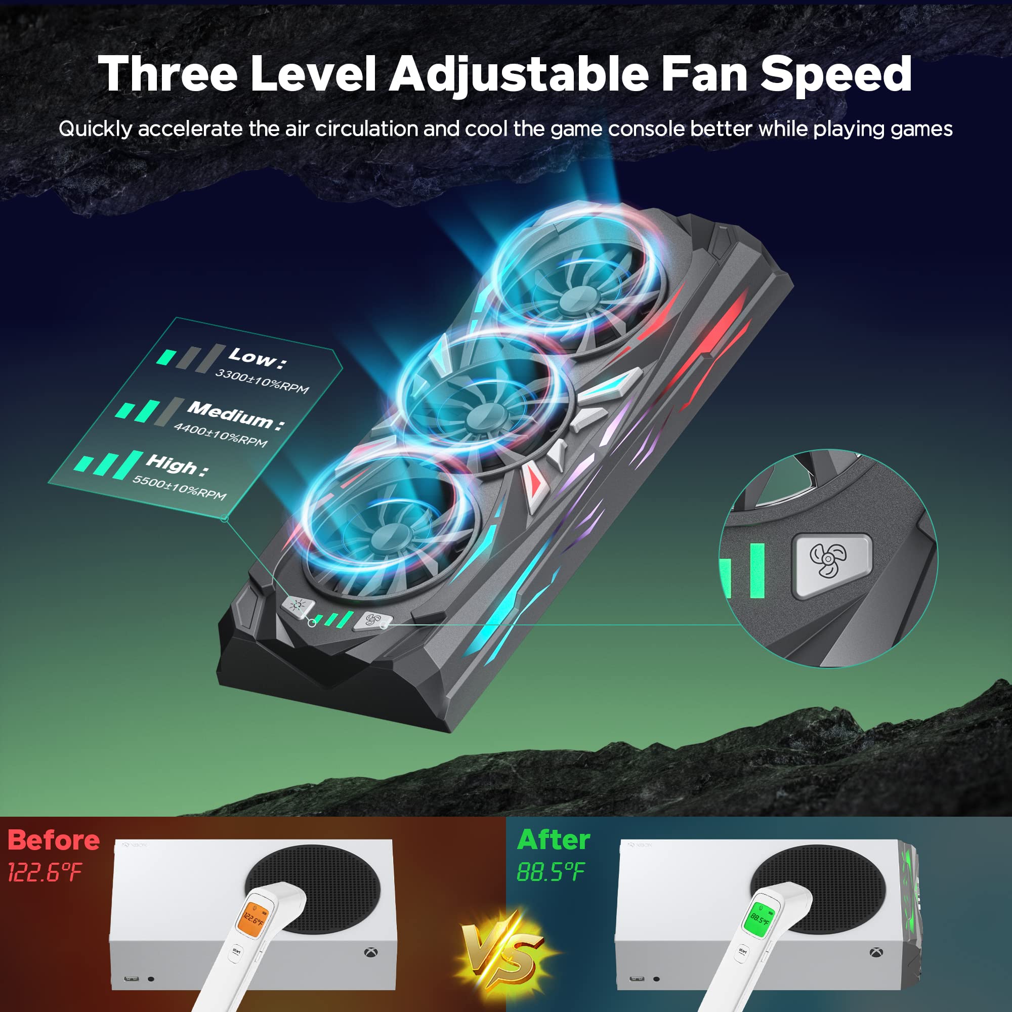 Narati Cooling Fan for Xbox Series S, RGB Light Strip with 12 Effect Modes, Enhanced 3 Cooler Fans System and 5500 RPM Lager Fan Speed, Extra USB Port for Xbox Series S Accessories