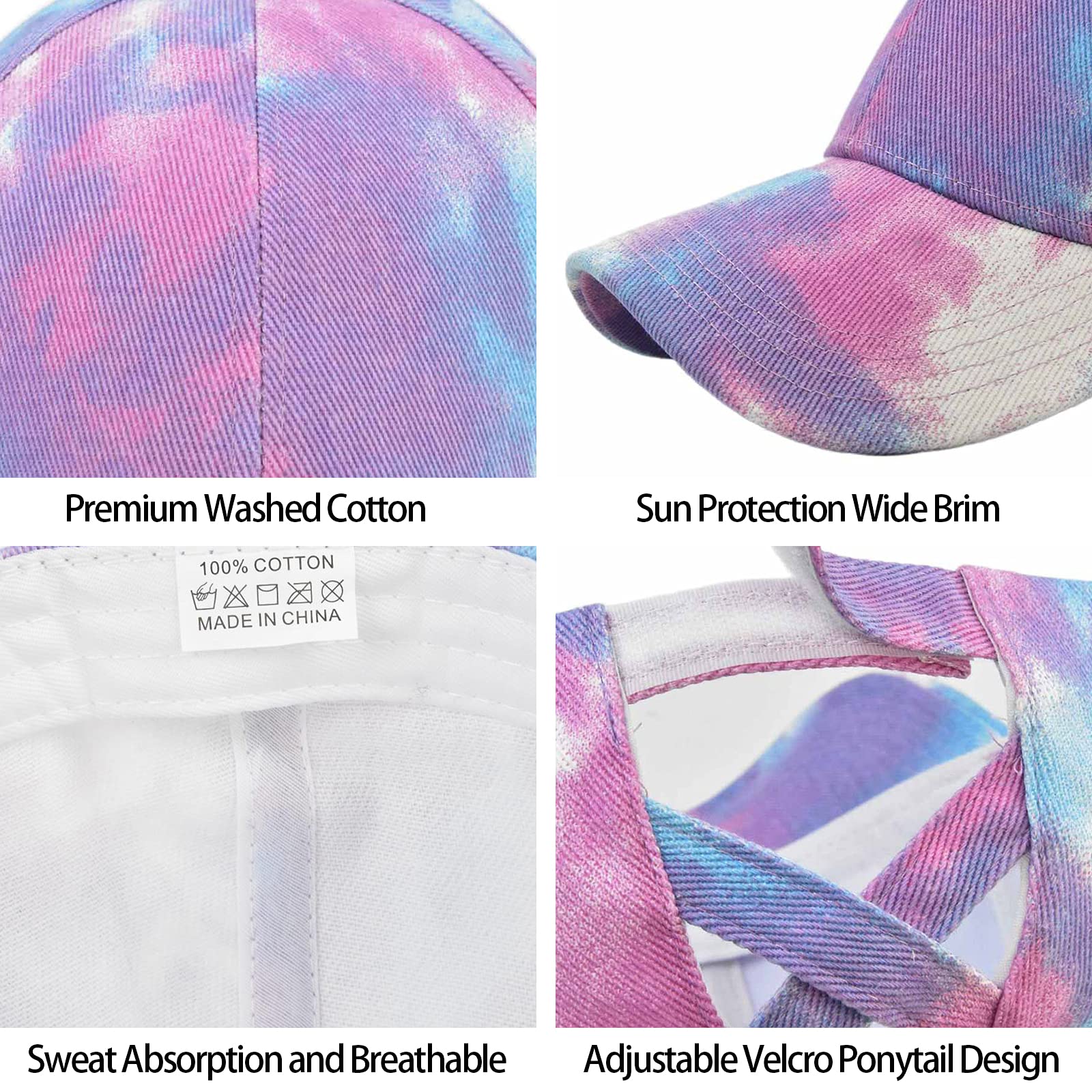 High Ponytail Baseball Caps for Womens Tie Dye Criss Cross Ponytail Hat Distressed Adjustable Trucker Hat Ball Cap