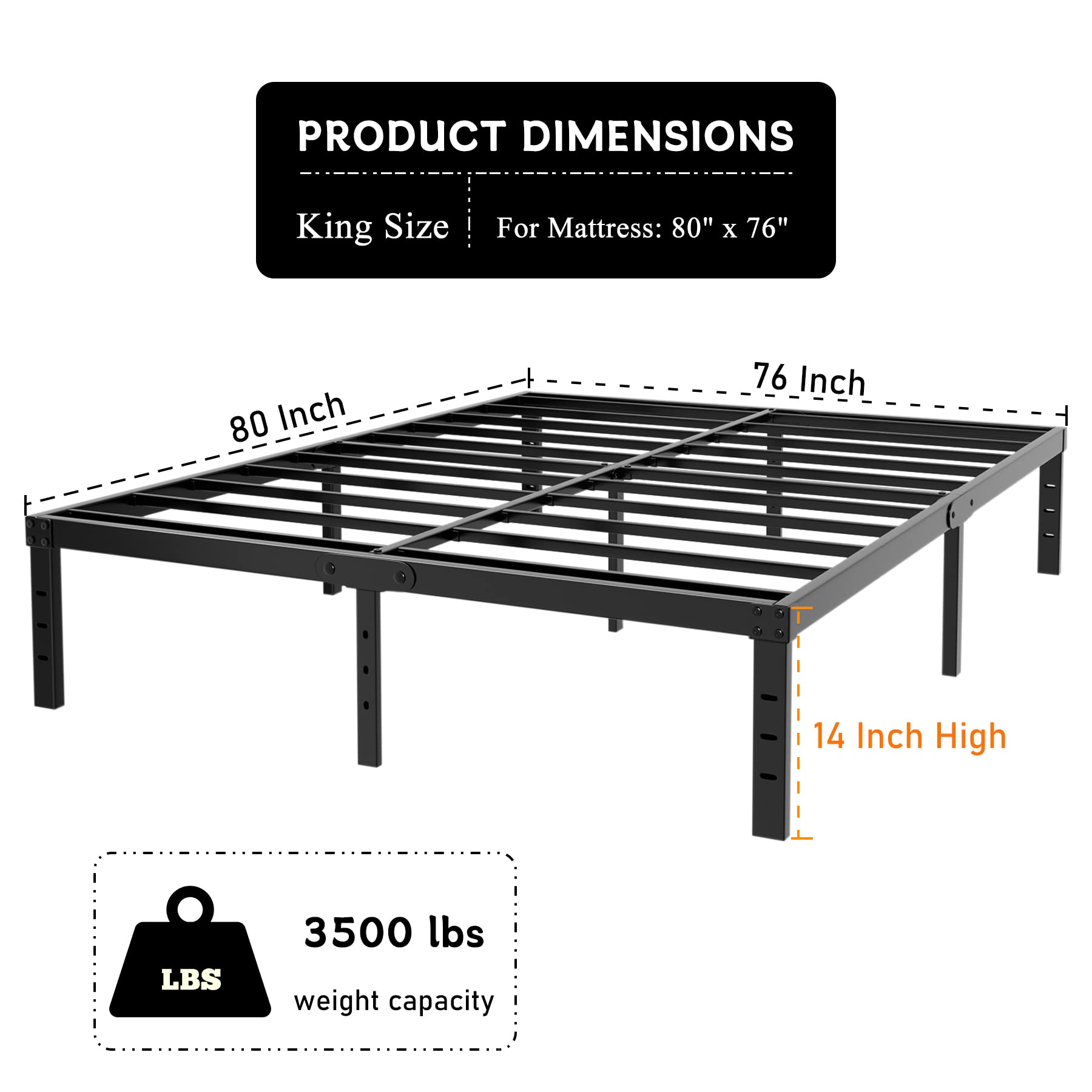 Homdock 14 Inches Metal Platform Bed Frame/Sturdy Strong Steel Structure 3000 lbs Heavy Duty/Noise Free/None Slip Mattress Foundation/No Box Spring Needed/Black Finish (King)
