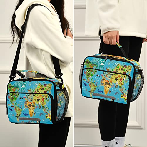 Kids Animal World Map Lunch Box Reusable Insulated School Lunch Bag Cooler Cooling Lunch Tote Bag for Boys,Girls,Travel,Picnic(2021925)