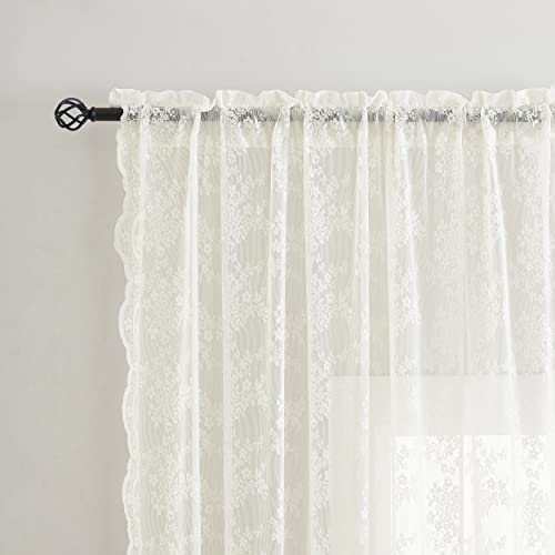 YJ YANJUN Sheer Lace Curtains for Bedroom Ivory Elegant Victorian Curtains Scalloped Edges Floral Kitchen Window Curtains 63 Inch Length Rod Pocket, 52 x 63 Inch, Ivory