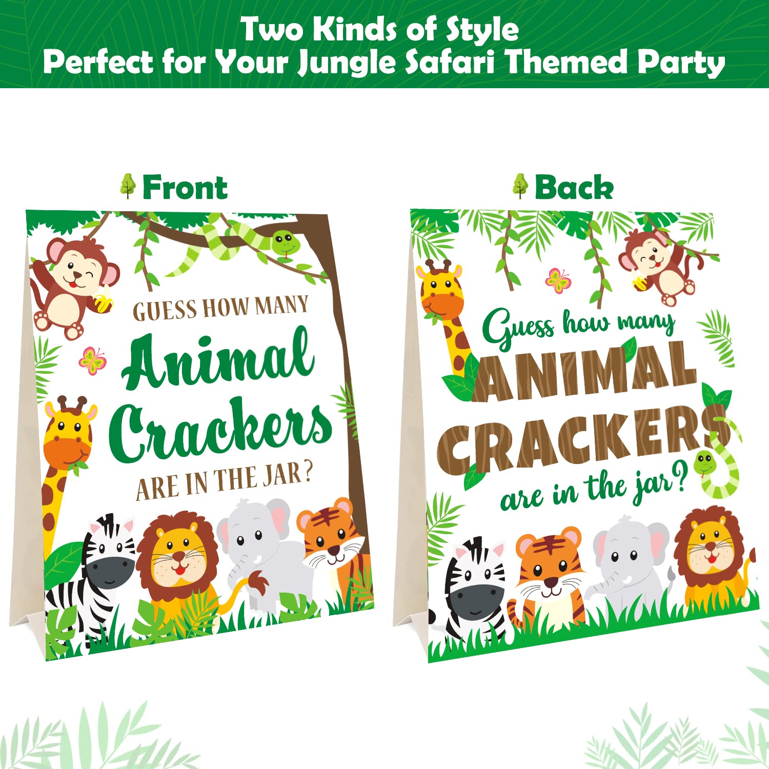 Guess How Many Animal Crackers Jungle Safari Baby Shower Game with Standing Sign and 30 Cards