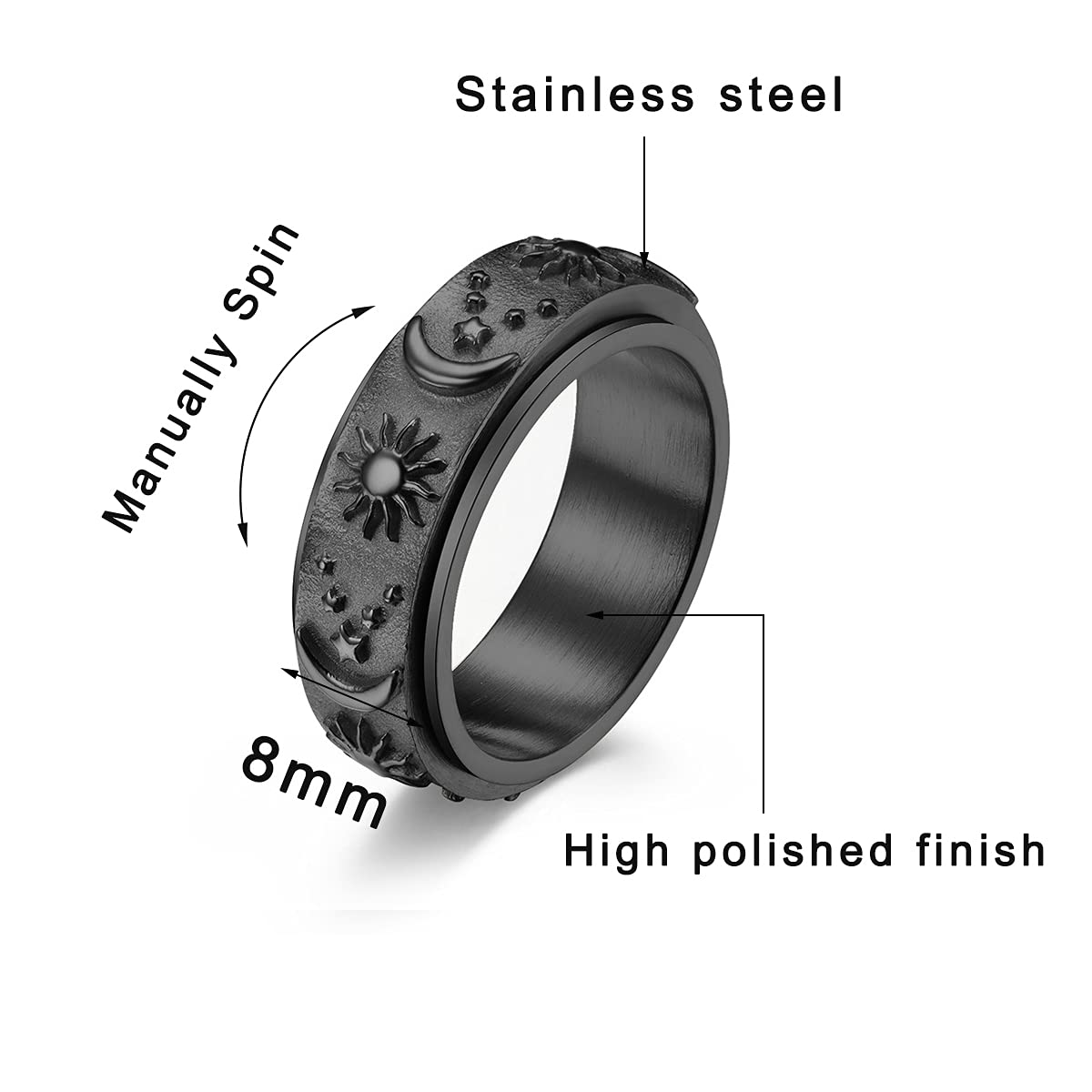 Nanafast Customize Stainless Steel Spinner Ring for Women Men Anxiety Rings for Relieving Stress Anxiety Ring Sun Moon Stars Promise Engagement Ring Custom Black 6
