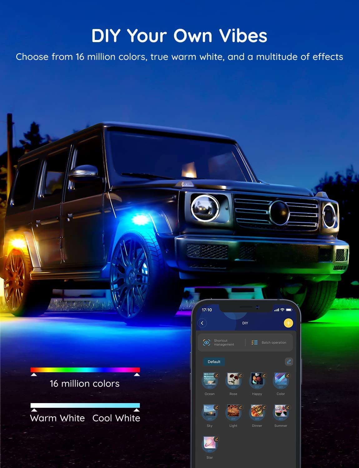 Govee Rock Lights with Smart APP Control, RGBW Underglow Car 64 Scene Modes, 4 Pods Warm White Under IP67 Waterproof and Reactive Music Mode for Cars, Trucks, DC 12V