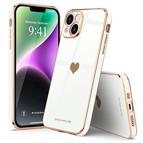 Teageo for iPhone 14 Plus Case for Women Girl Cute Love Heart Luxury Plating Soft Bling Back Cover Raised Full Camera Protection Bumper Silicone Shockproof Phone Case for iPhone 14 Plus, White