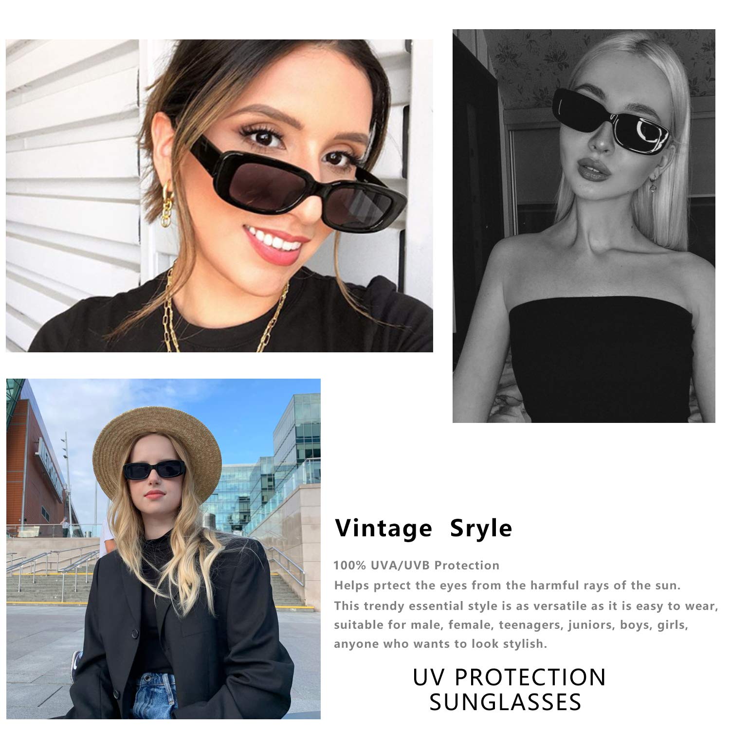KUGUAOK Trendy Rectangle Sunglasses for Women Retro Small Square Sun Glasses UV 400 Protection Travel Goggles 3/4PACK