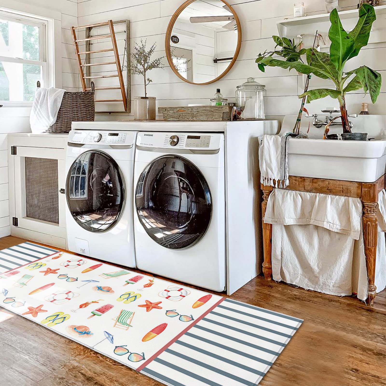 IDOWMAT Kitchen Rug Sets of 2 - Absorbent Non-Slip Kitchen Mats Navy Blue Stripes Beach Swim Ring Ice Cream Sunglasses Floor Comfort Mats Doormat for Kitchen Office Laundry 15.7x23.6in + 15.7x47.2in