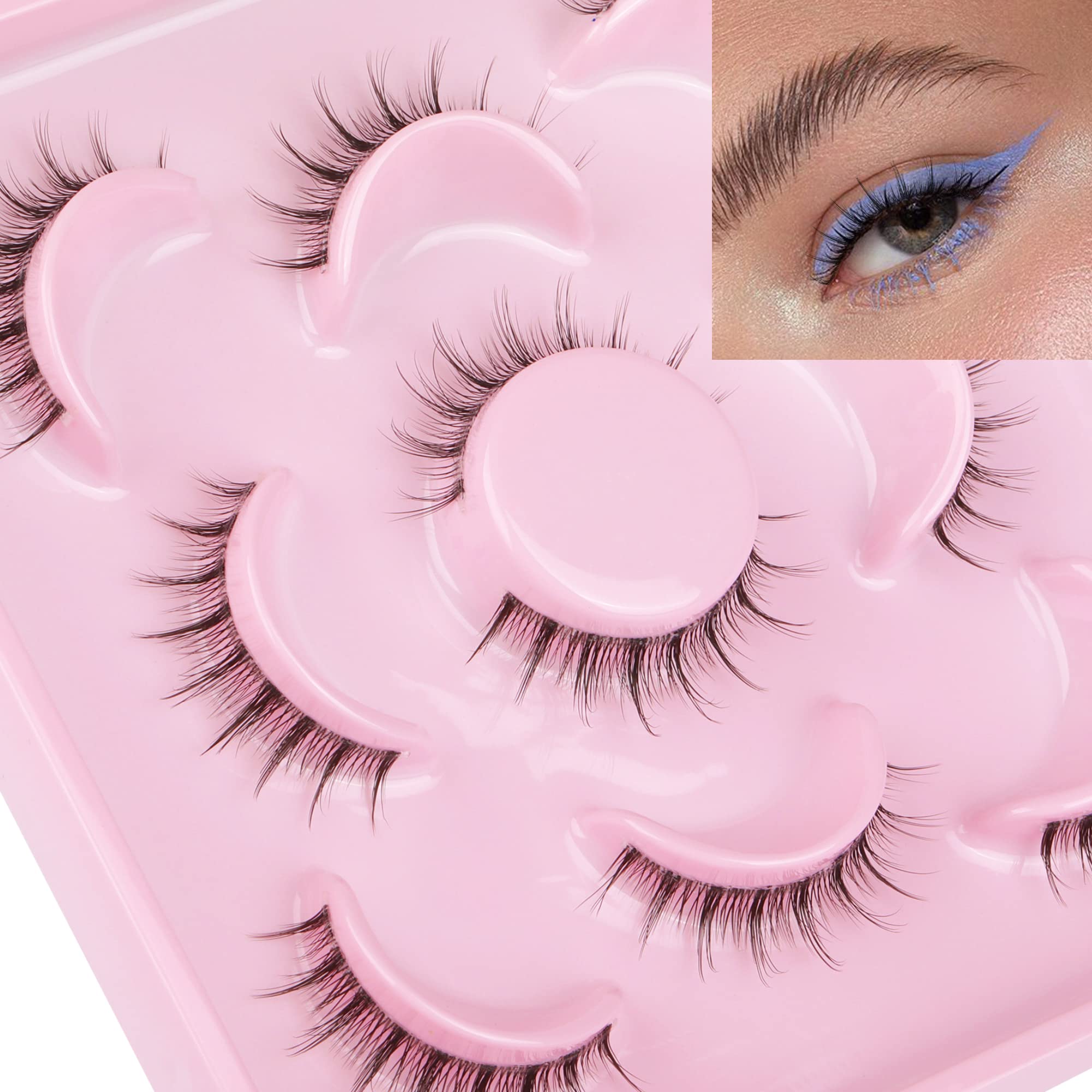 Japanese Lashes Manga False Eyelashes Asian Natural Wispy Mink Eyelashes Clear Band 3D Fake Eye Lashes Pack (6DH6)