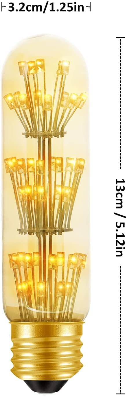 keymit T10 LED Bulb Amber, Decorative Light Bulbs, Firework LED Bulb, Fully Dimmable E26 Base Edison Bulb for Lamp, String Lights, 3W 300LM, Tubular Long Bulb, Amazing Star Glow 3Pack