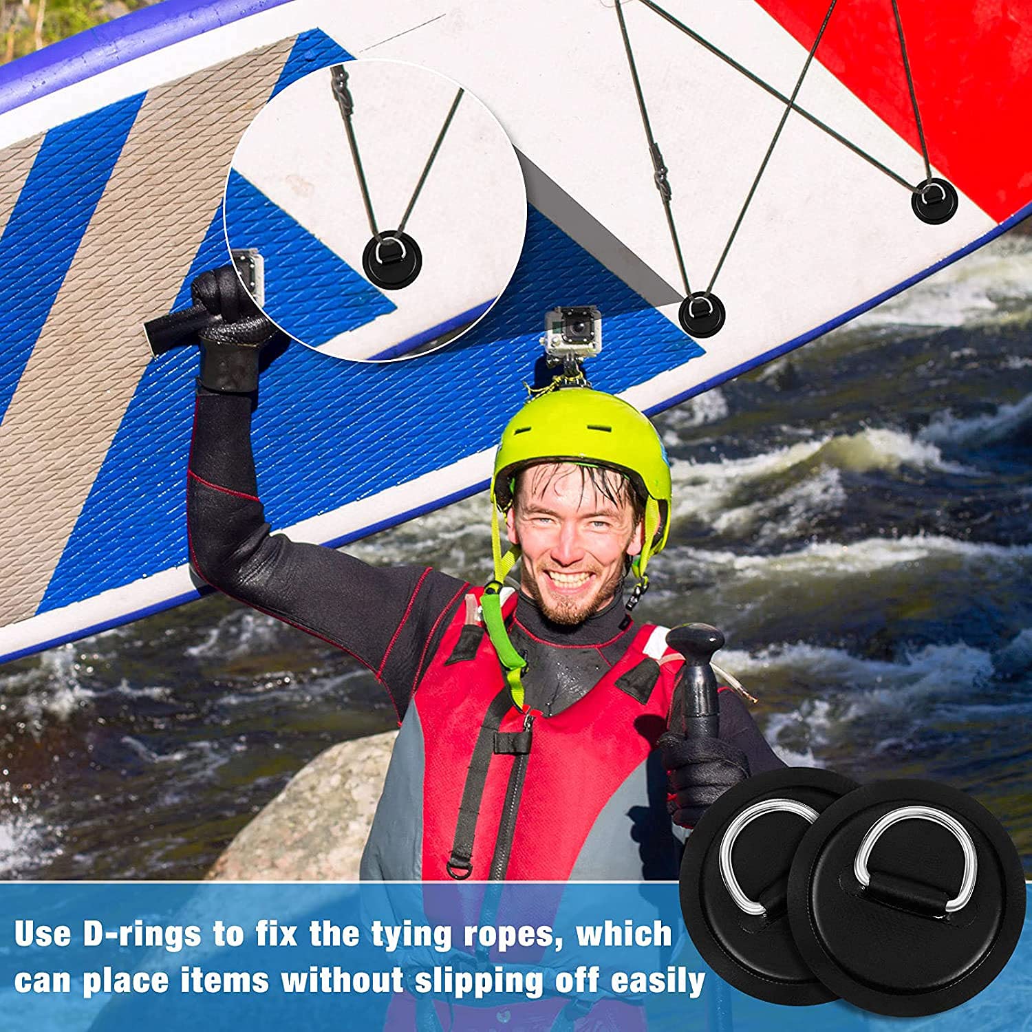 heyous 2pcs D-Ring Pad PVC Patches PVC Patch with Stainless Steel D-Ring for Dinghy Kayak Surfboard Paddle Board, Black