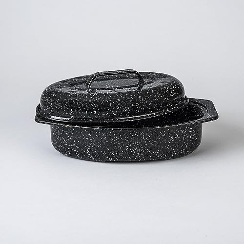 Granite Ware Roasting Set Covered 13 in and 15 in Oval roaster and 3 lb round roaster. Enameled Steel design to accomodate up to 7 lb and 10 lb poultry/roast. Resists up to 932°F.