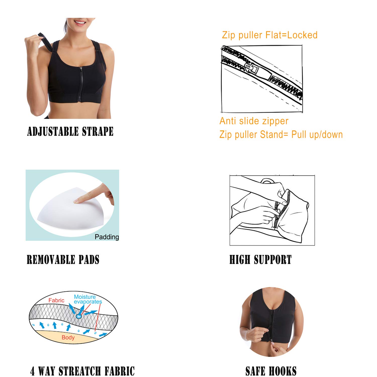 High Support Sports Bras for Women Zip Front Closure Post Surgery Compression Bra 4XL Black