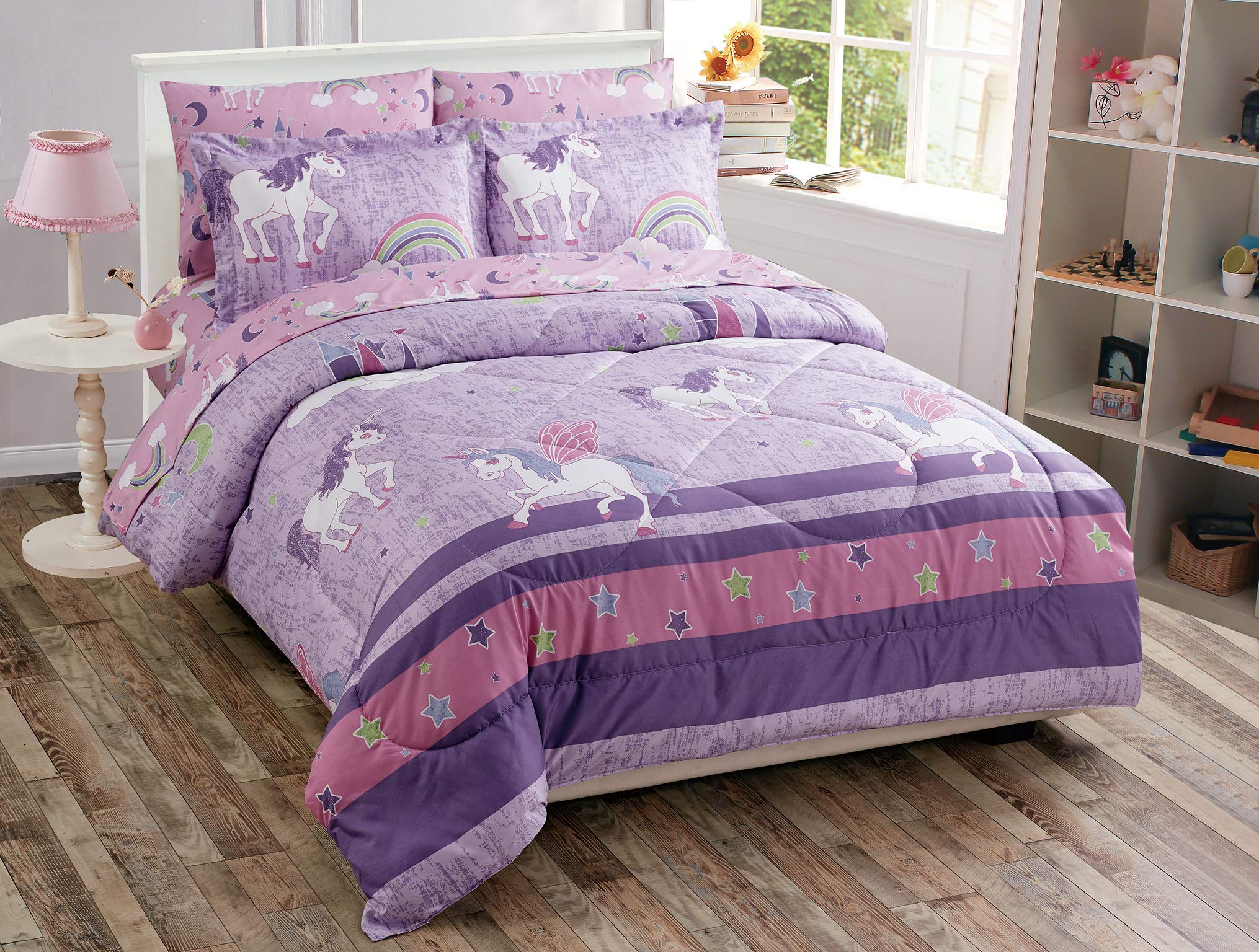 Home Collection Full Size Comforter and Sheet Set Unicorn Castle Rainbow Lavender Pink Purple Multi-Color for Girls Teens New # Unicorn Lavender