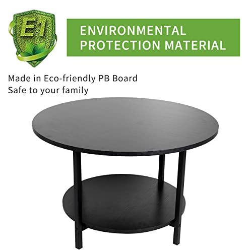 TOYSINTHEBOX Round Coffee Tables, Accent Table Sofa Table Tea Table with Storage 2-Tier for Living Room, Office Desk, Balcony, Wood Desktop and Metal Legs, Black 27.6 Inches