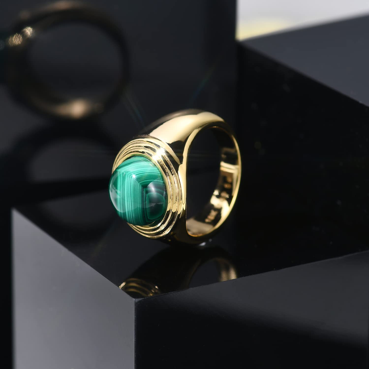 JINEAR 14K Gold Plated Round Malachite Band Ring for Women and Men Green Gemstone Stackable Bulky Thumb Statement Ring