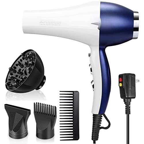 Hair Dryer 2000W, Negative Ionic Fast Dry Low Noise Blow Dryer, Professional Salon Hair Dryers with Diffuser, Concentrator, Styling Pik,2 Speed and 3 Heat Settings,Quick Drying with AC Motor-WhiteBlue