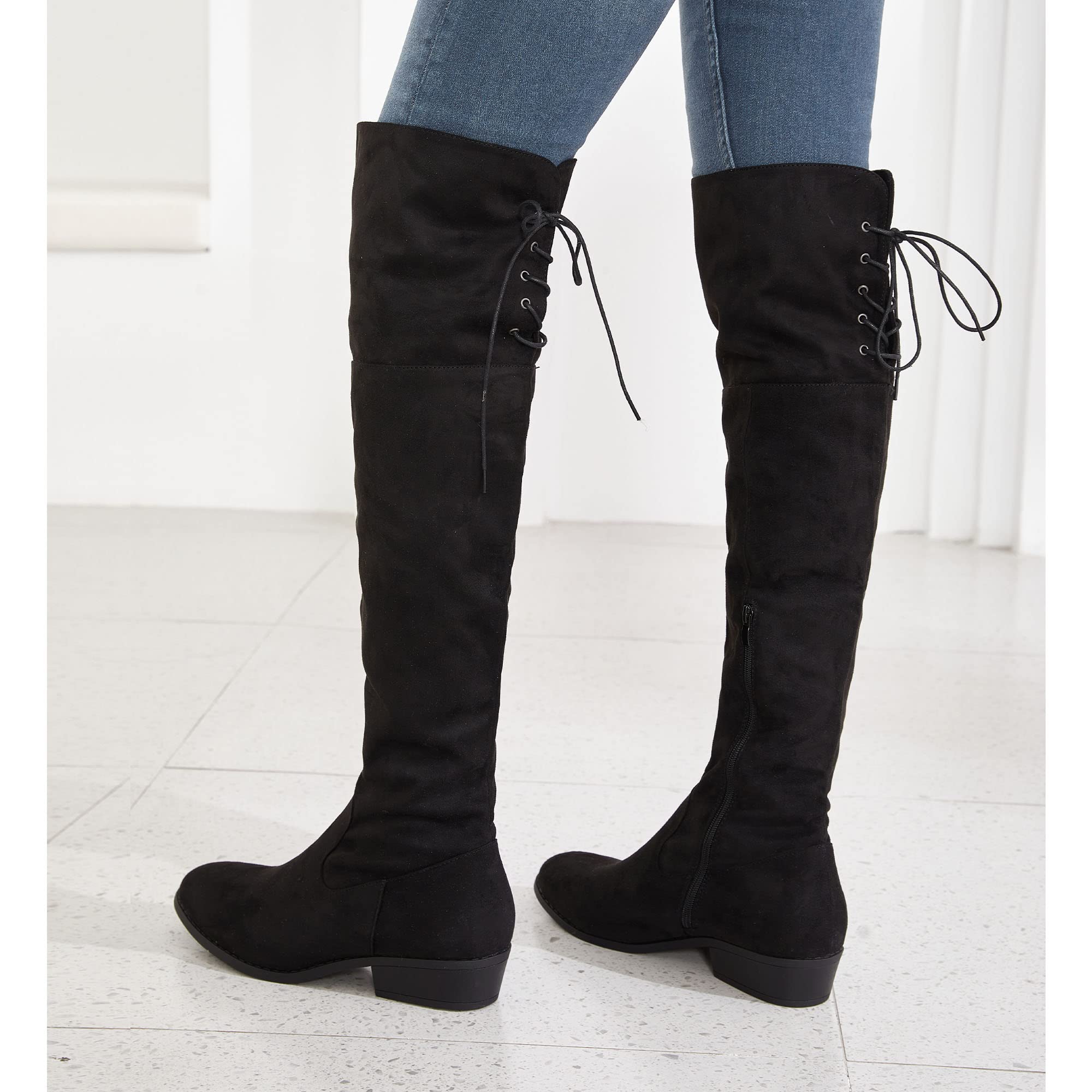 Hawkwell Women's Thigh High Fashion Boots Over The Knee Black Low Flat Heel Boots,Black Synthetic,8 M US