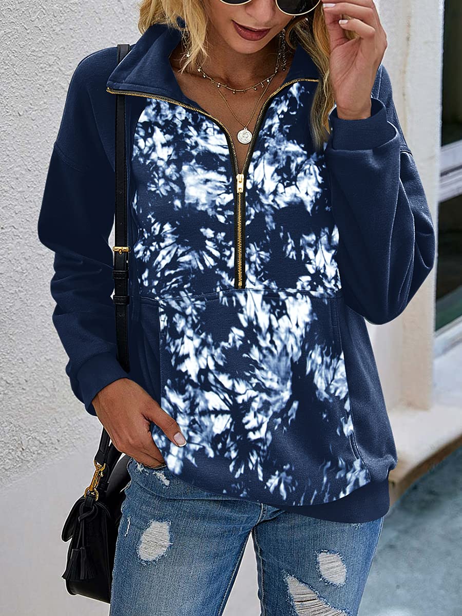 GEMLON Womens Casual Long Sleeve Sweatshirts and Hoodies Half Zip Pullover Lapel Drawstring Loose Tops Navy Blue(L)