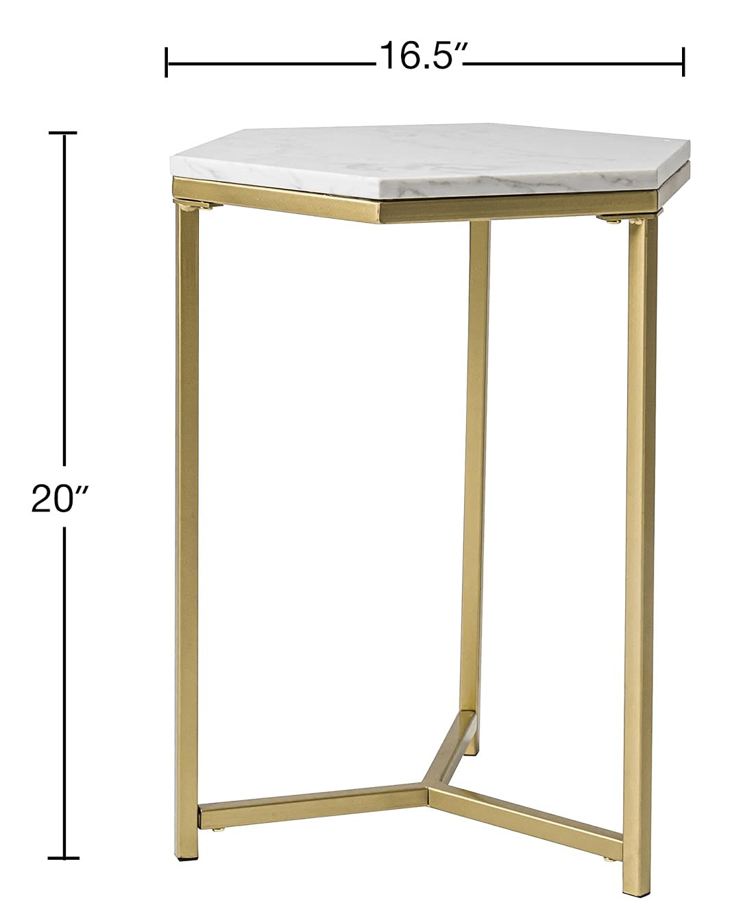 HAWOO Hexagon Gold Accent Side End Table with Faux Marble Top for Living Room, White Nightstand for Home Office Small Space, 16''D x 20" H