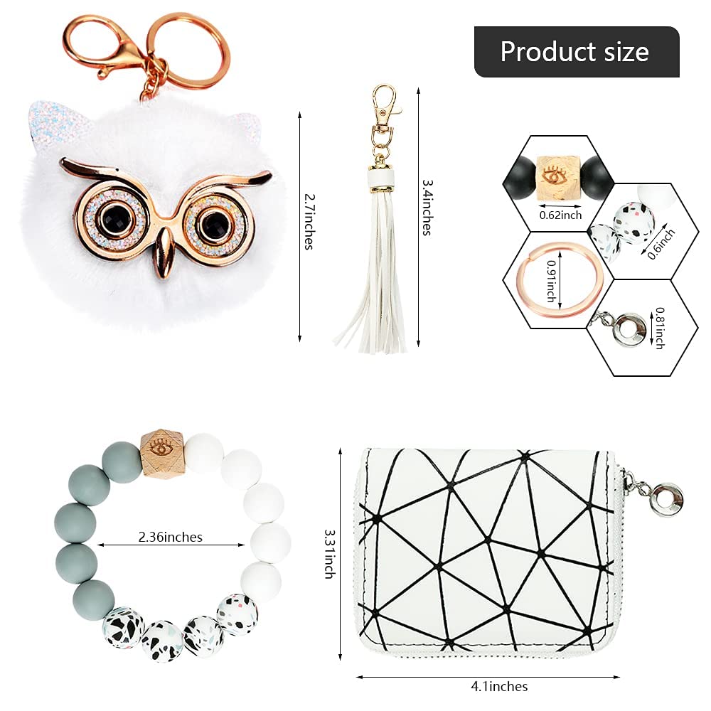 GYLBF Wristlet Keychain Bracelet Wallet, Silicone Beaded Bangle Keyring Tassel for Women, with Cute Owl Pom Pom Keychain, White