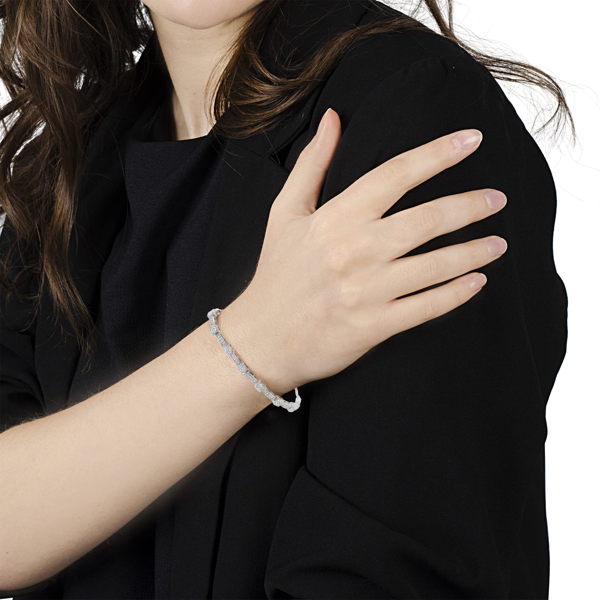 Haus of Brilliance .925 Sterling Silver 1/4 Cttw Diamond 4”-10” Adjustable Bolo Alternating Square and Rectangle Bolo Bracelet (I-J Color, I3 Clarity)