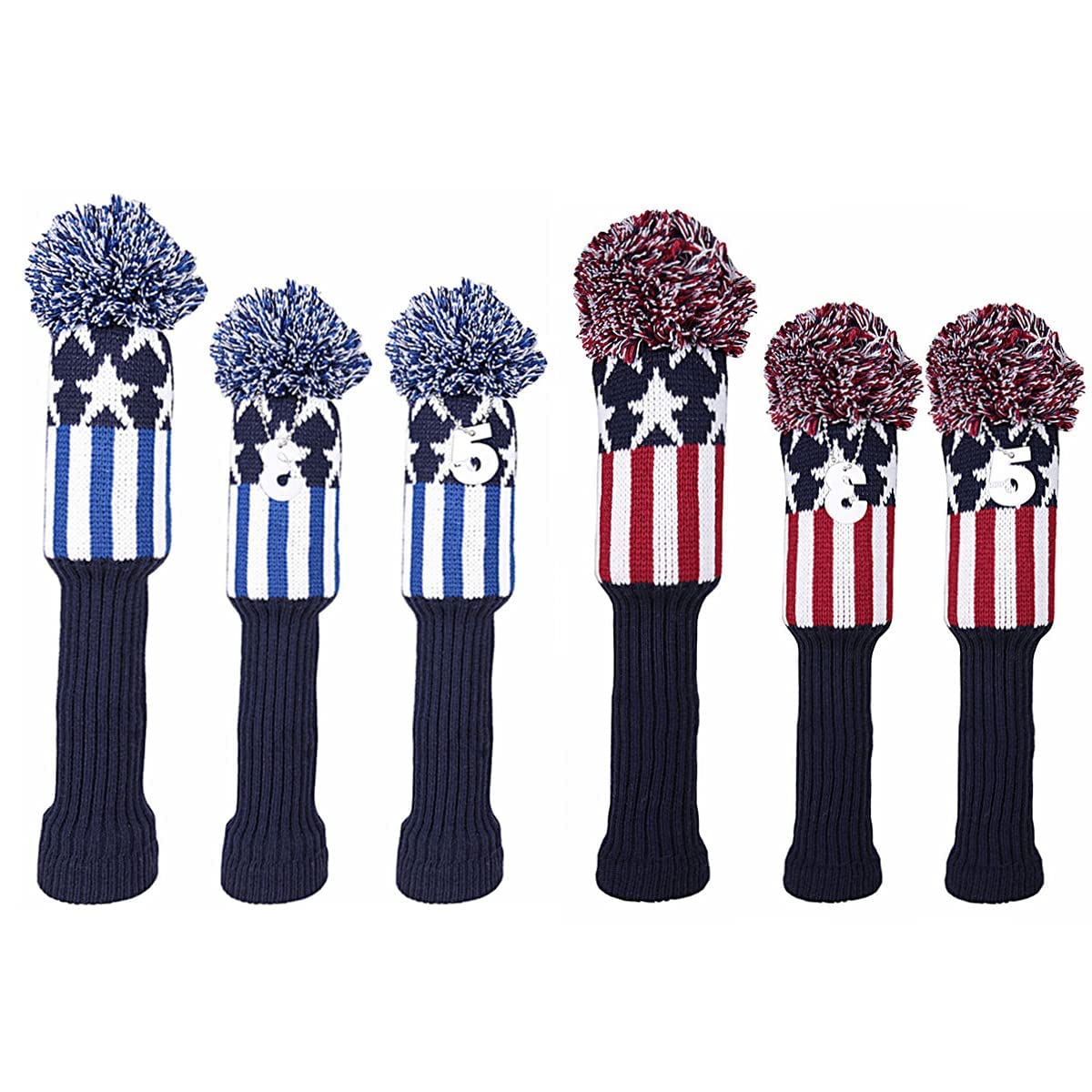 Golf Builder 3pcs/Set USA Stars and Stripes Knitted Golf Head Covers Sock Covers Pom Pom Covers for Driver Fairway Wood (Blue)