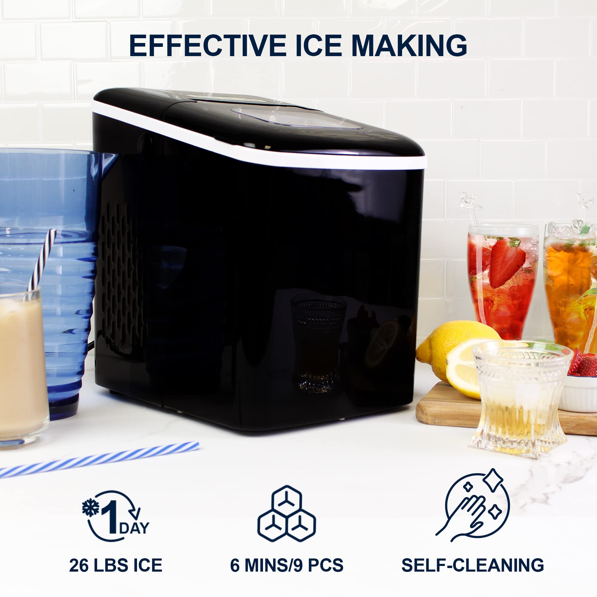 Koolatron Compact Countertop Ice Maker Machine with Digital Controls and LED Indicators, Ice Cubes Ready in 6-8 Minutes, Makes 26 lbs of Ice per Day Best for Parties, Home, Office, Bar (Black)