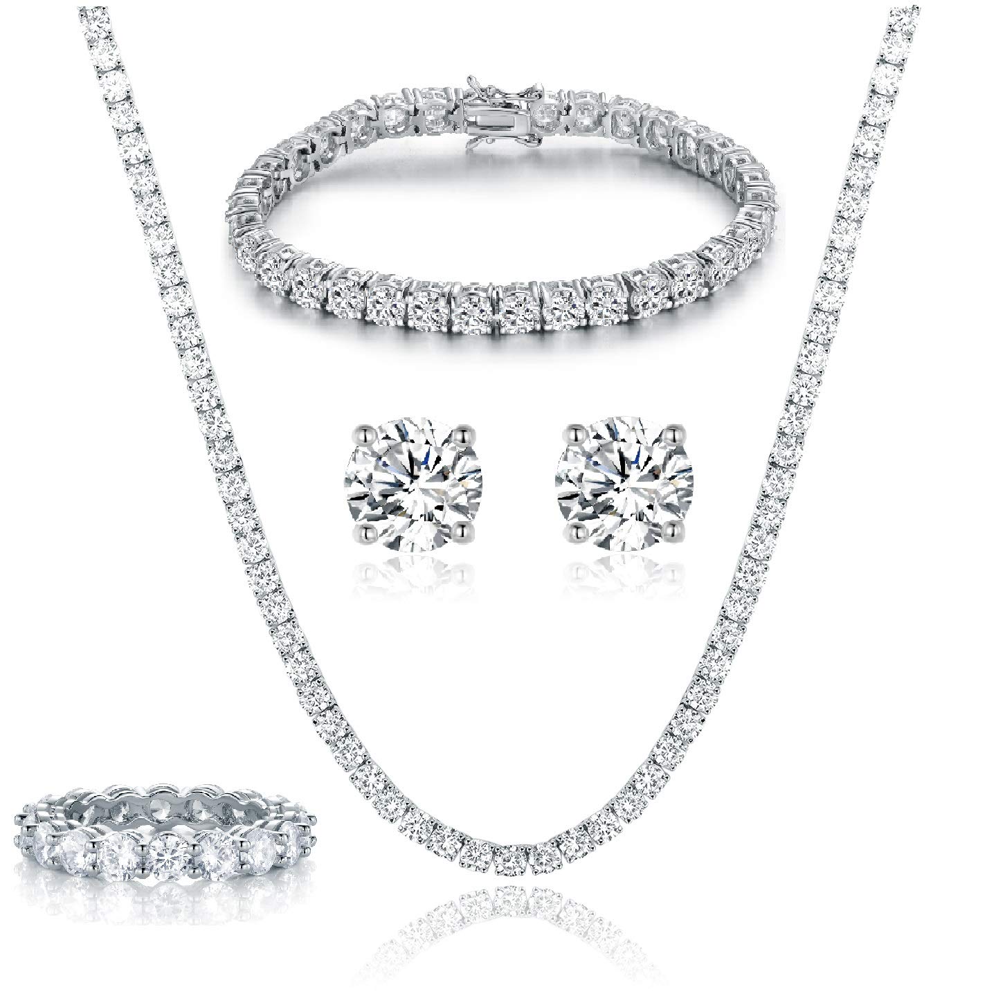 Gemsme 18K White Gold Plated Tennis Necklace/Bracelet/Earrings/Band Ring Sets Pack of 4 (7)