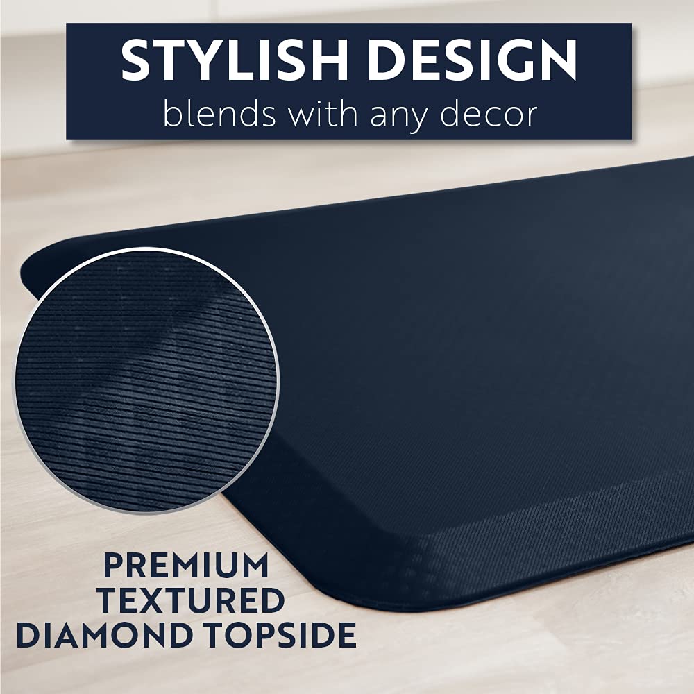 Kangaroo Anti Fatigue Cushion Mat and Chenille Bath Rug, Antifatigue Mat Size 32x20, Foam Pad Relieves Pressure, Bath Rug Size 36x24, Machine Washable, Both in Navy, 2 Item Bundle
