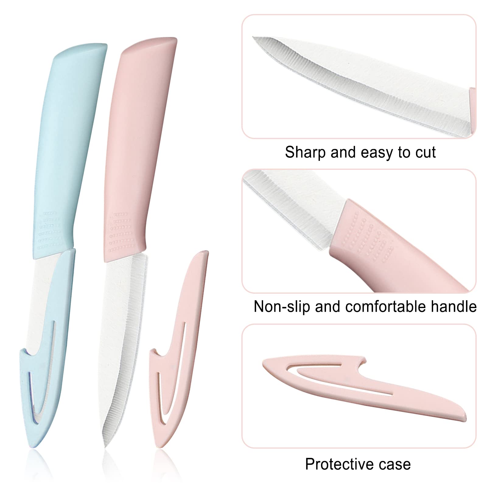 Lomgwumy Paring Knife, 4 Sharp and Durable Fruit Knife, with Scabbard, Exquisite and Beautiful, Fruit Knives Small is Suitable for Most Vegetables, Fruits and Meat (Pink and Blue)