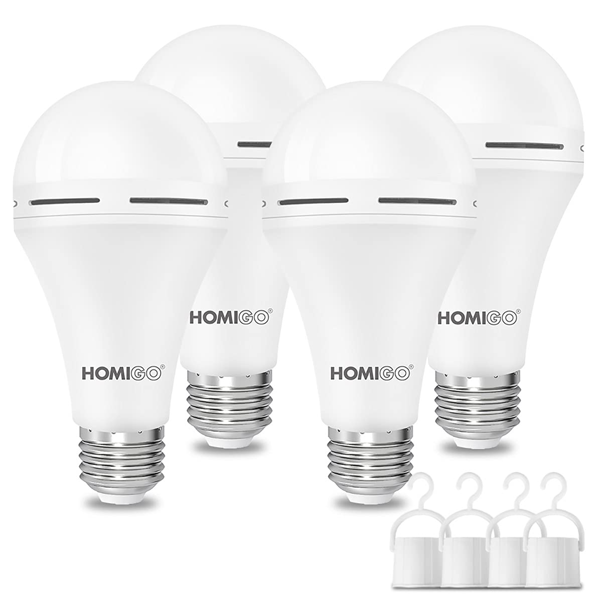 HOMIGO Emergency Rechargeable Light Bulb, 15W 120W Equivalent LED Bulbs, 6000K Emergency Light for Power Outage, 1200mAh Rechargeable LED Bulb E26 for Home Power Failure, Tent, Hurricane, 4-Pack