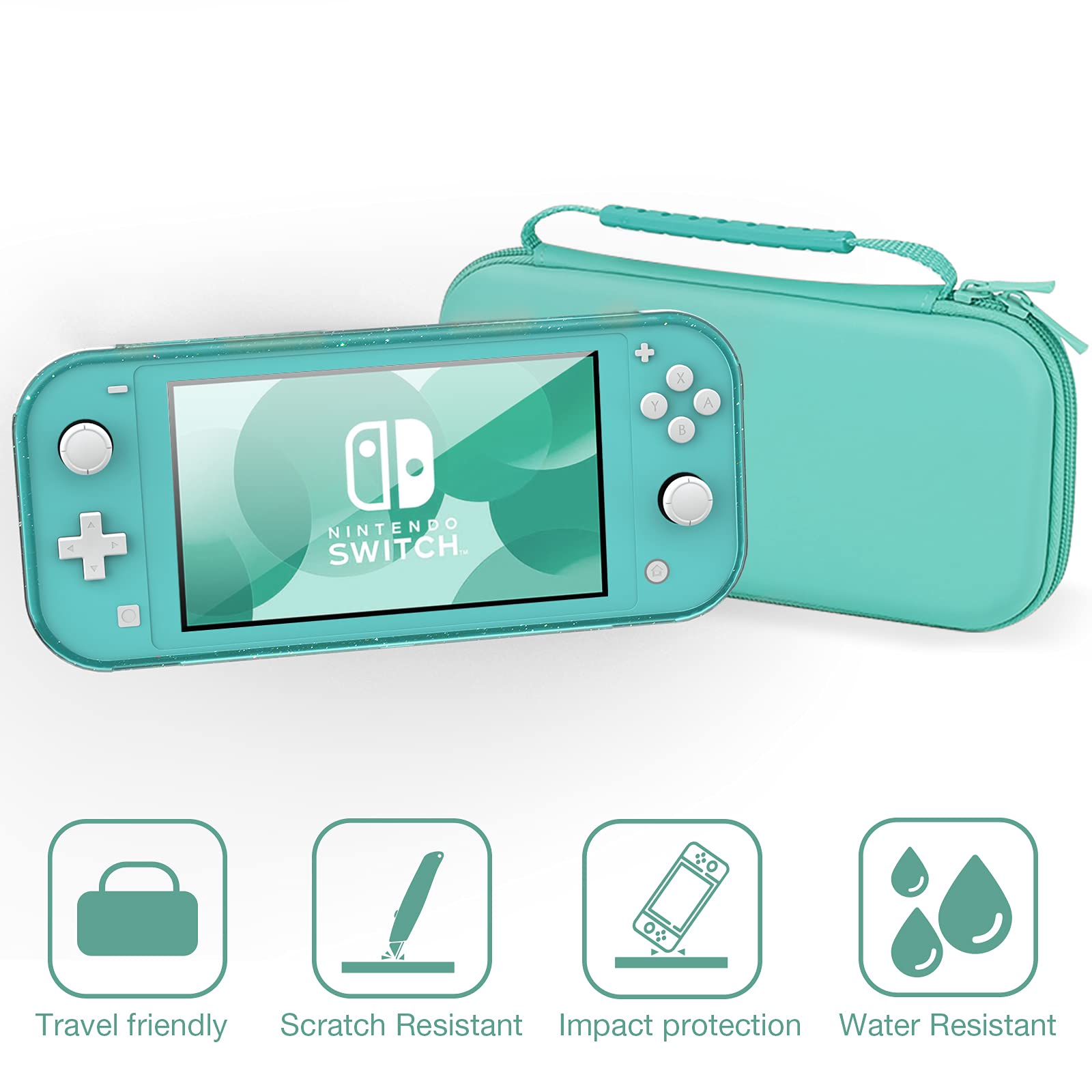 HEYSTOP Compatible with Switch Lite Carrying Case, Switch Lite Case with Soft Glitter TPU Protective Case Games Card 6 Thumb Grip Caps for Nintendo Switch Lite Accessories Kit(Turquoise)