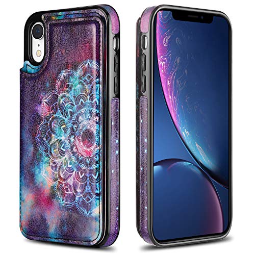 HianDier Wallet Case for iPhone XR, Slim Protective Case with Credit Card Slot Holder Flip Folio Soft PU Leather Magnetic Closure Cover Case Compatible with iPhone XR 6.1 Inches, Mandala