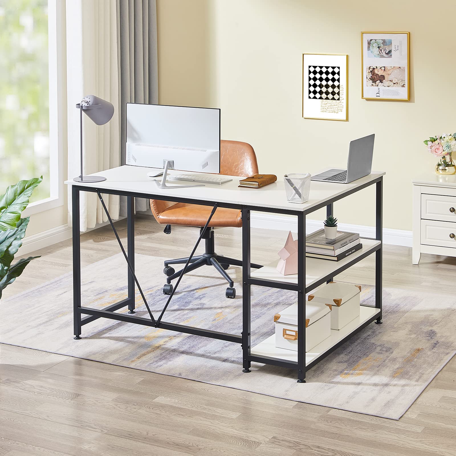GreenForest Small L Shaped Desk 47 inch l Desk with Storage Shelf Writing Corner Computer Desk Saving Space for Home Office PC Workstation Laptop Table, White