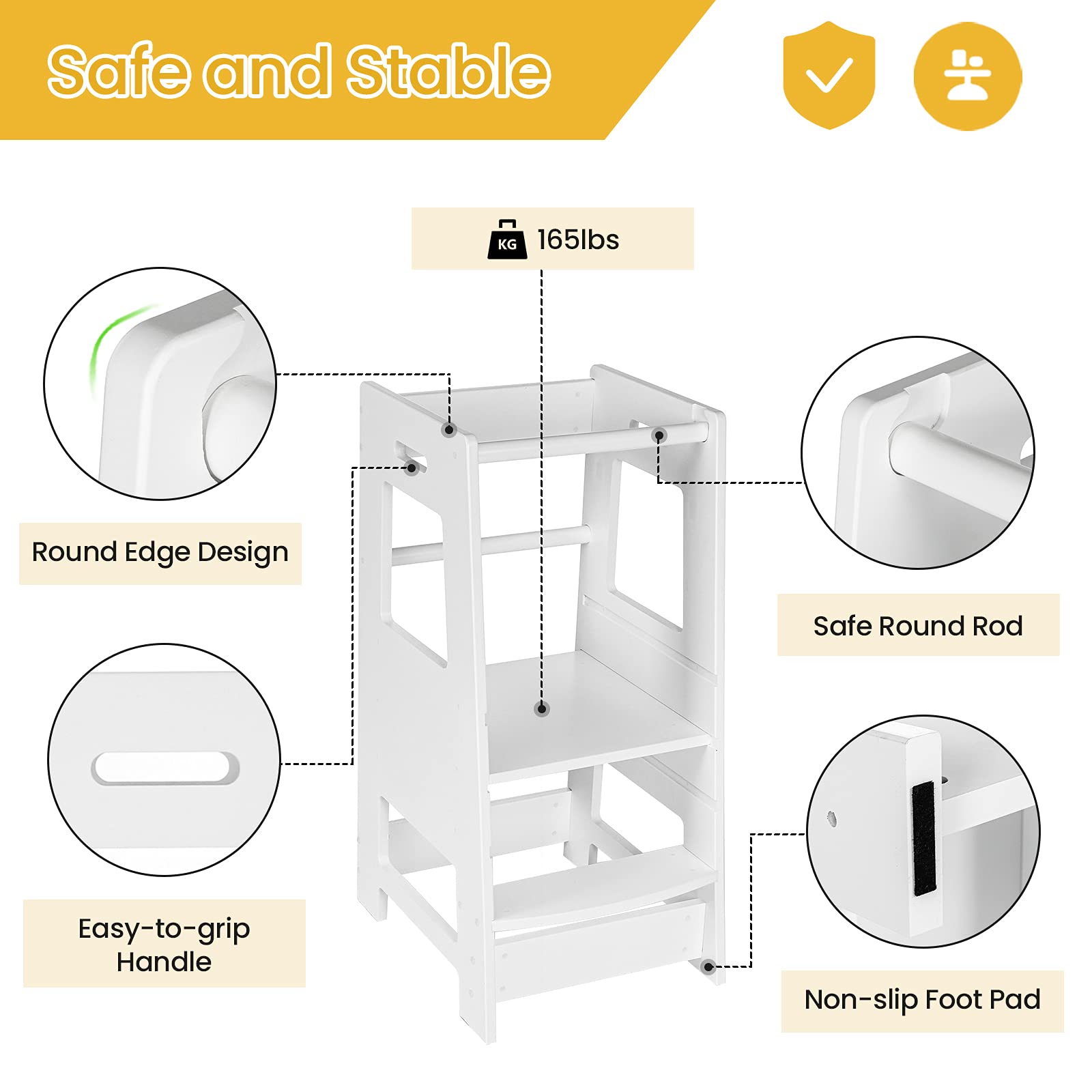 LUSIMO Toddler Step Stool Helper Nursery Standing Tower Wooden Kids Step Stool with Safety Rail Height Adjustable Toddler Learning Tower with Anti-Slip Protection Support Up to 165lbs White
