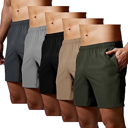 GYM REVOLUTION Men's 5 Pack Workout Running Gym Quick Dry Training Shorts with Zipper Pockets Black Grey Dark Grey Army Green Khaki L