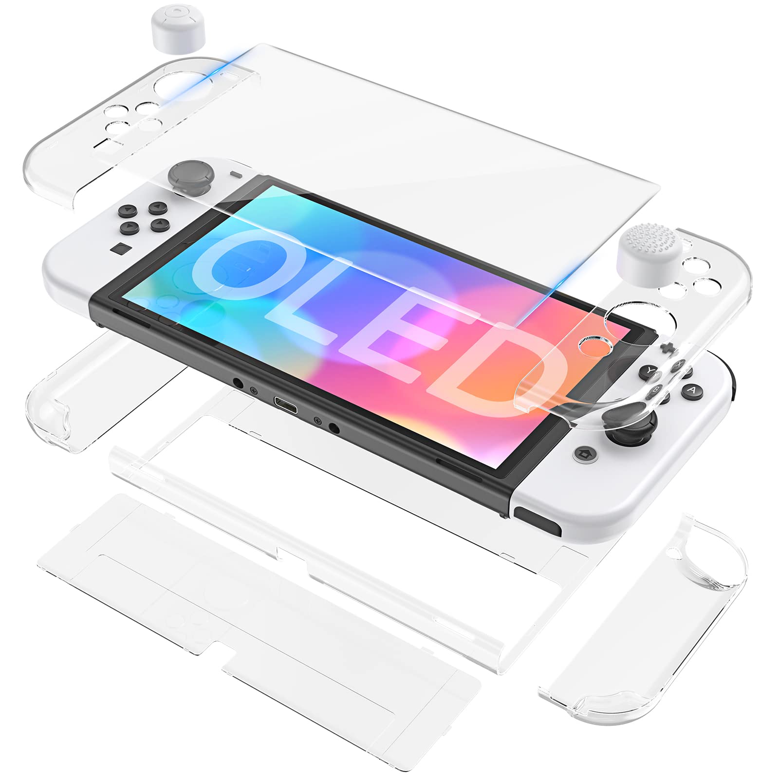 HEYSTOP Switch OLED Case Protector Compatible with Nintendo Switch OLED Model, Removable Hard PC Shell Dockable Switch OLED Protective Case Accessories with Screen Protector & Thumb Grip Caps, Clear