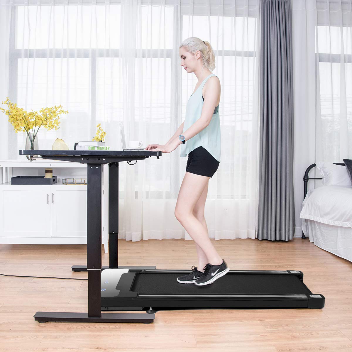 GYMAX Under Desk Walk Treadmill, Easy Assembly Flat Treadmill with LED Display, Touch Control, Independent Remote Controller, Electric Walking & Jogging Machine with 3 Preset Models & 12 Built-in Prog