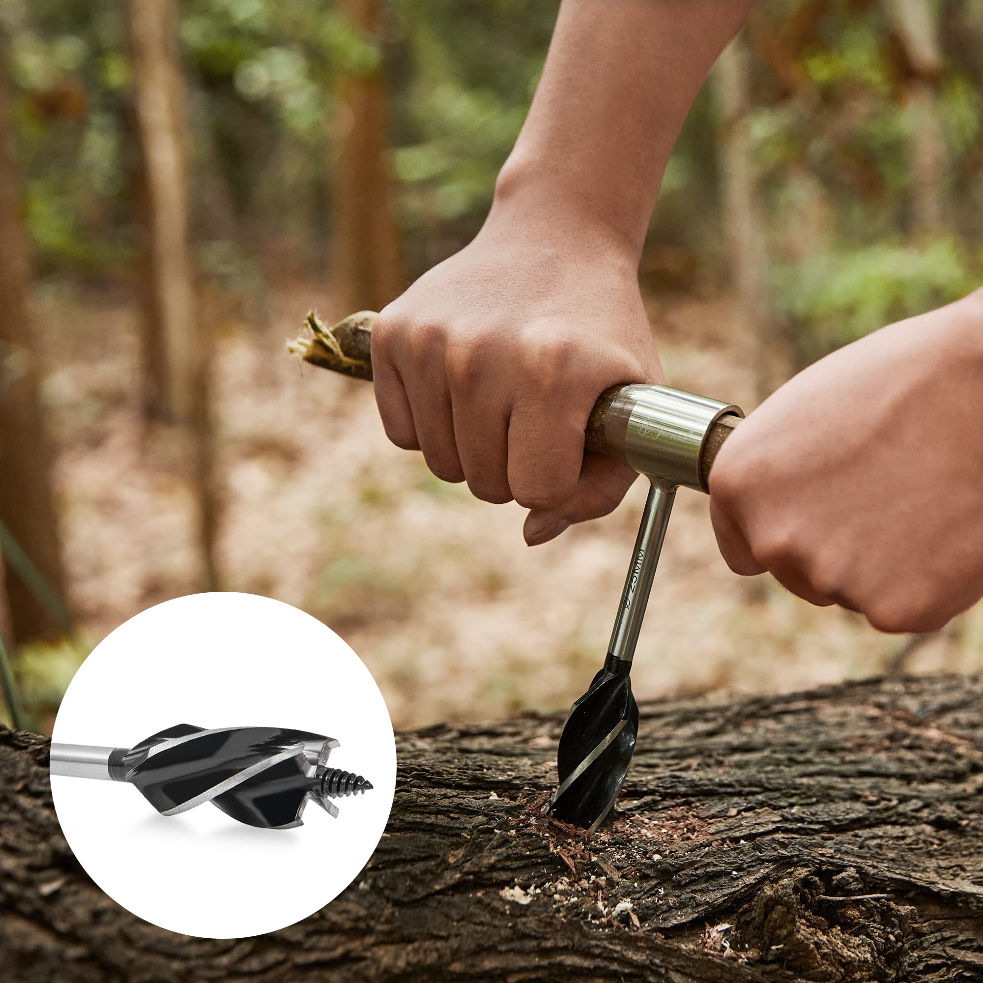 Jeereal Bushcraft Hand Auger Wrench, Scotch Eye Wood Auger Drill,Manual Auger Hole Maker Bushcraft Gear Tools for Bushcraft Backpack and Camping (L-D25)