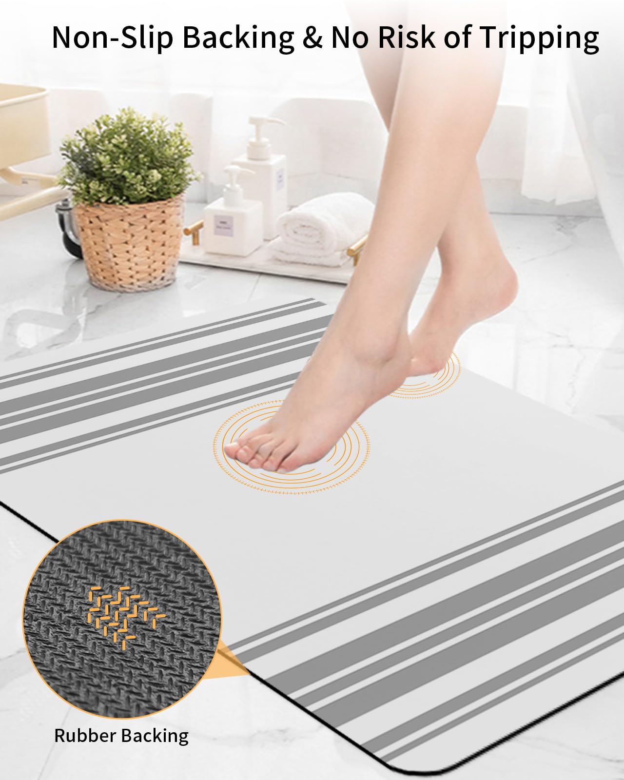 Grey White Stripes Bath Mat for Bathroom Rugs Non Slip, Diatomaceous Earth Bath Mats Quick Dry Absorbent Bath Rug, Thin Rubber Backed Easy to Clean, Casual Bohemian Geometric Art Decor 16"x24"