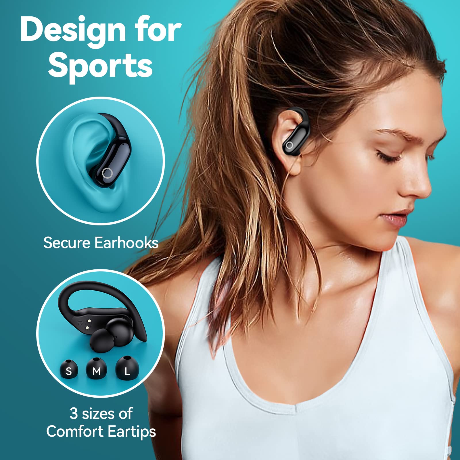 GNMN Bluetooth Headphones Wireless Earbuds Over-Ear Stereo Bass Earphones with Earhooks Battery Display for Sports/Workout