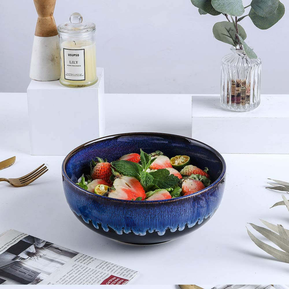 KOOV 58 oz Salad Bowls, Ceramic Bowl Set, Stackable Soup Bowls, Large Bowls, Reactive Glaze Set of 3 (Nebule Aegean)